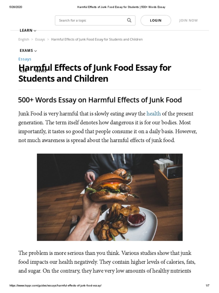 Harmful Effects of Junk Food Essay For Students - 500+ Words Essay | PDF