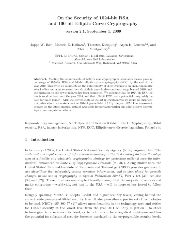 On The Security of 1024-Bit RSA and 160-Bit Elliptic Curve Cryptography | PDF | Cryptography ...