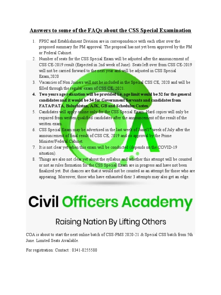 Answers To Some of The Faqs About The Css Special Examination | PDF ...