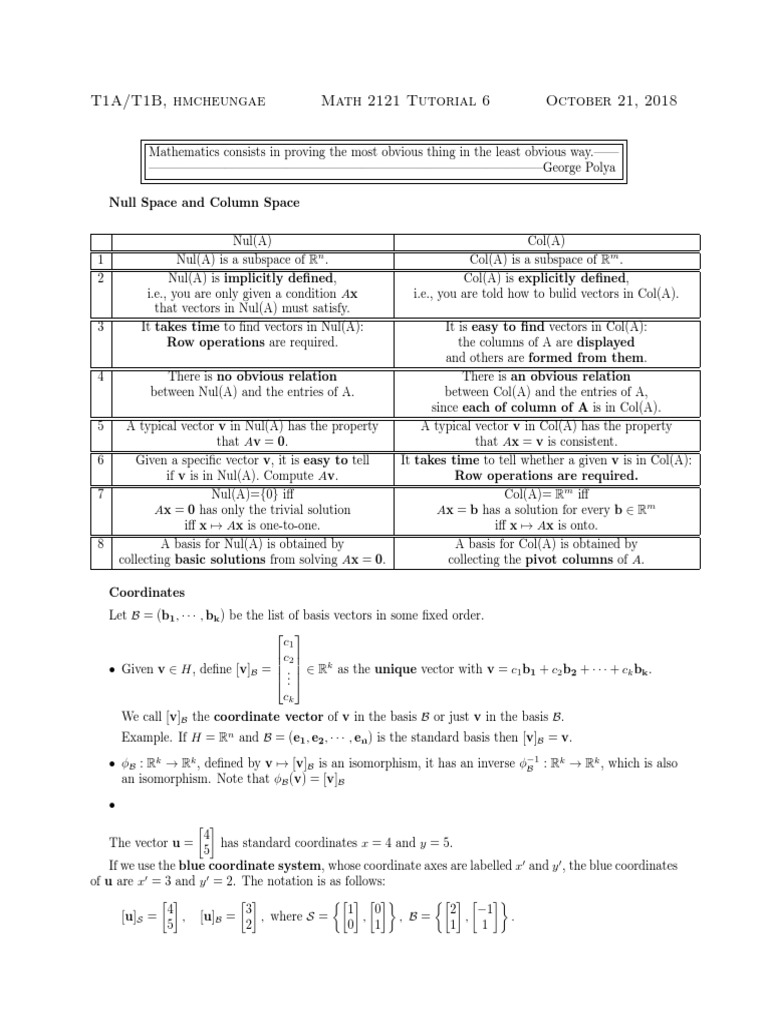 MATH 2121 Tutorial 06 | PDF | Linear Subspace | Mathematical Relations