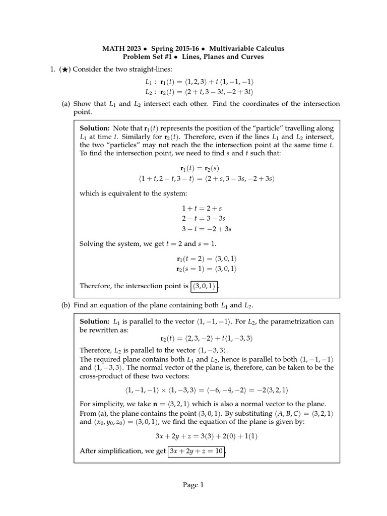 MATH 2023 Spring 2015-16 Multivariable Calculus Problem Set #1 Lines ...