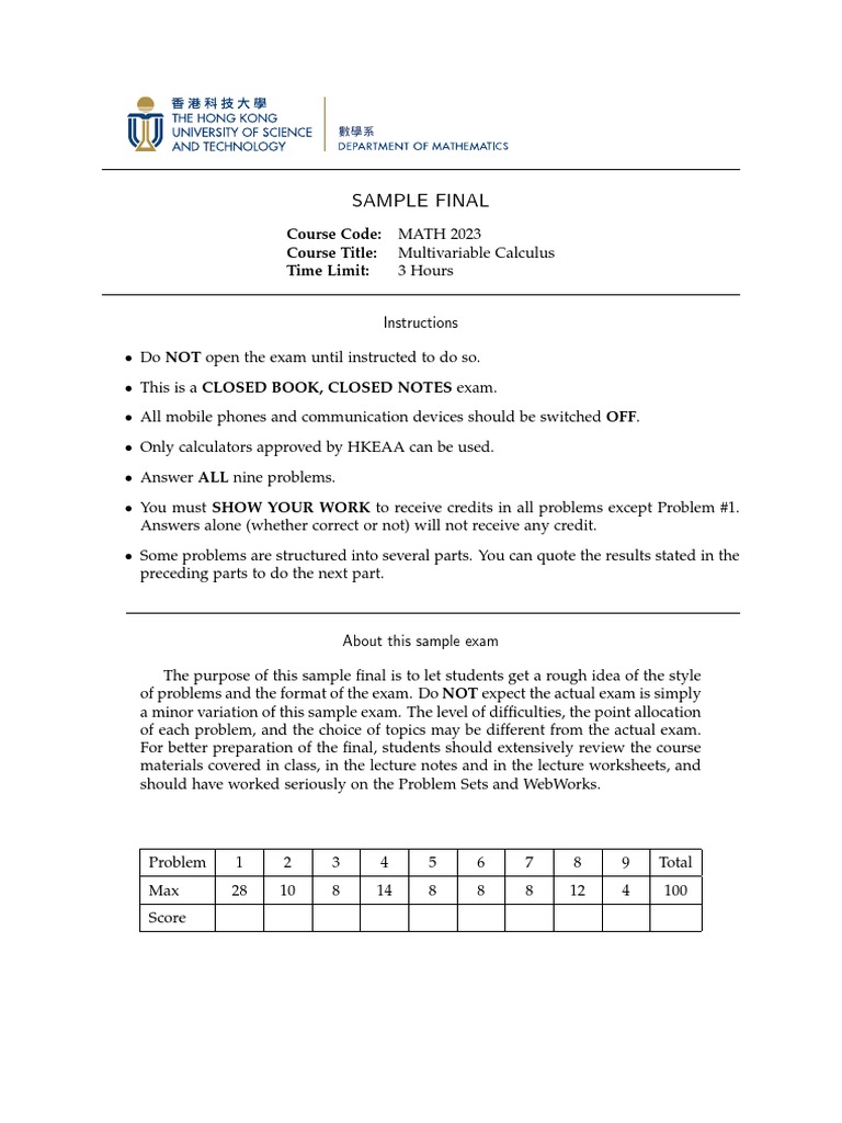 Sample Final (Solution) | PDF | Test (Assessment) | Algebra