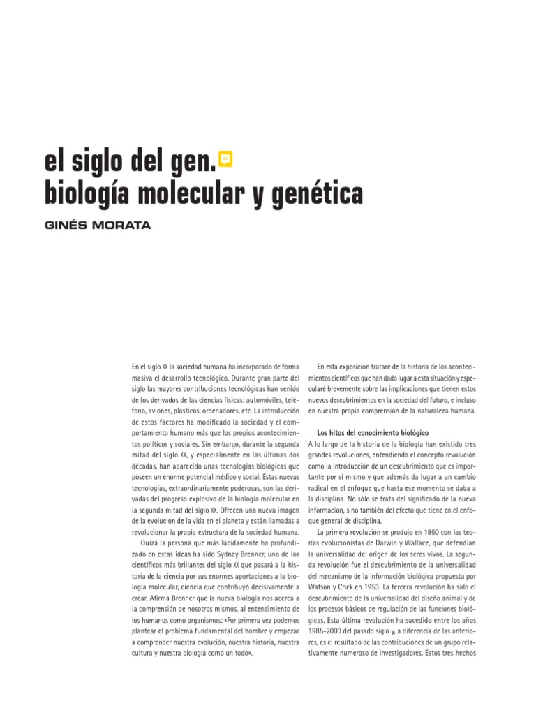 El Siglo Del Gen Biologia Molecular y Genetica Gines Morata PDF | Descargar gratis PDF | Gene | Adn