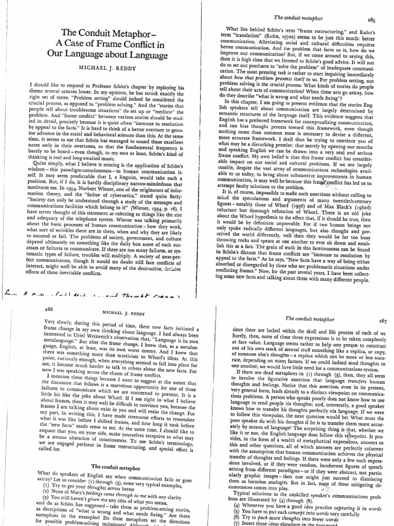 Reddy Conduit Metaphor | PDF | Metaphor | Metaphysics