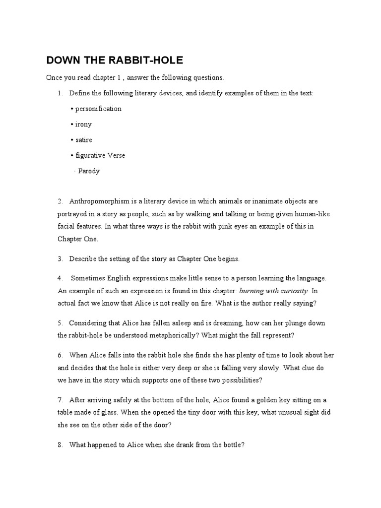 Literary Analysis Questions for Alice's Adventures in Wonderland ...