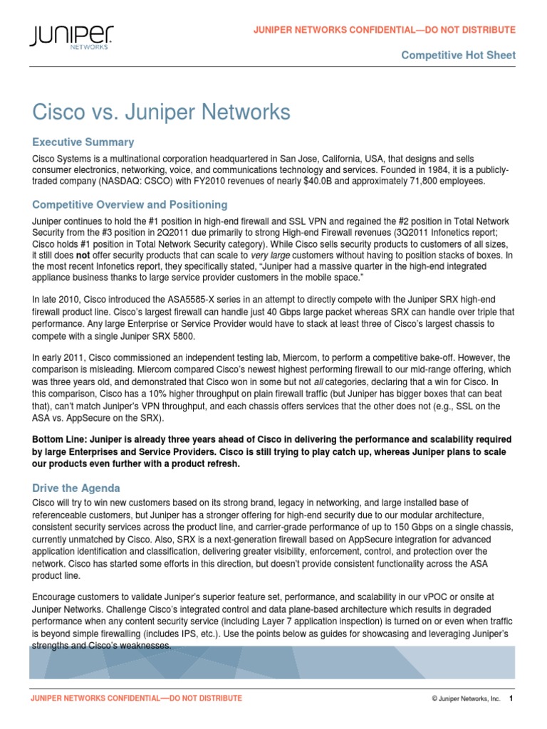 Cisco Vs Juniper Networks - Competitive Hot Sheet | PDF | Juniper Networks | Cisco Systems