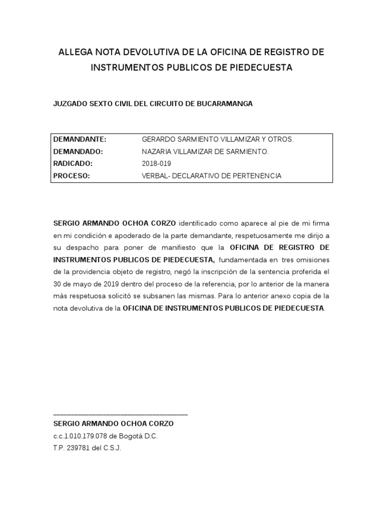 Allega Nota Devolutiva de La Oficina de Registro de Instrumentos Publicos de Piedecuesta | PDF ...