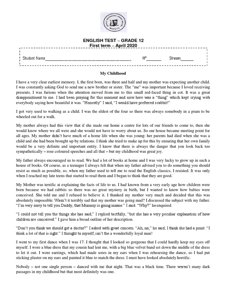 Grade 12 English Test: My Childhood Essay | PDF | Language Arts ...