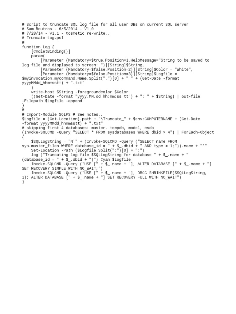 Powershell Script To Truncate Sql Log Files For All User Databases Pdf 9950