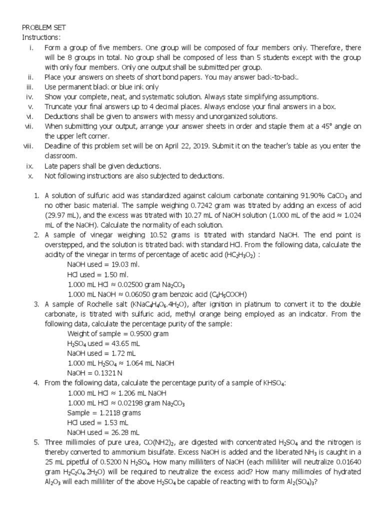 CHEM 1221: Neutralization Titration Problem Set | PDF | Titration ...