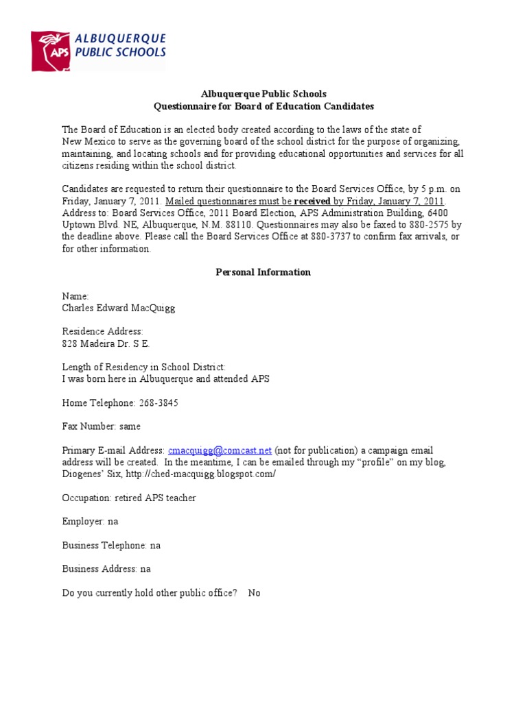 Albuquerque Public Schools Questionnaire For Board of Education ...