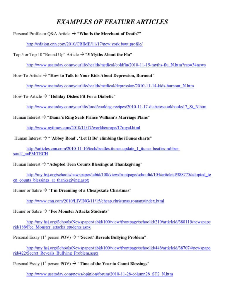 Examples of Different Types of Feature Articles PDF | PDF