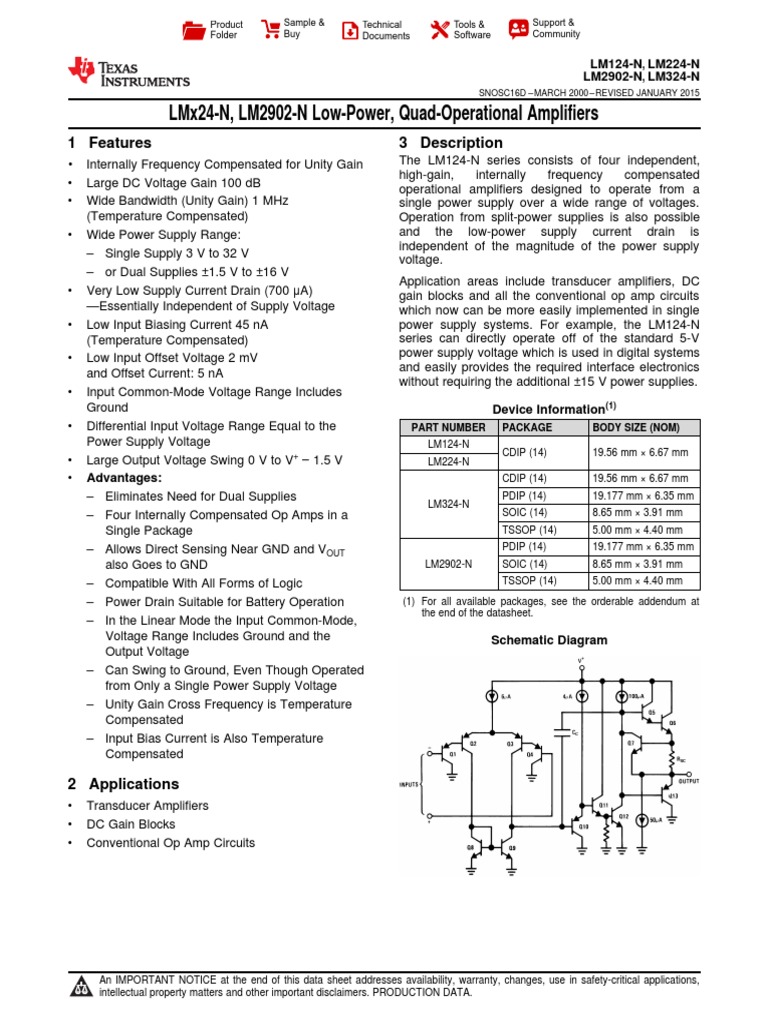 Lmx24-N, Lm2902-N Low-Power, Quad-Operational Amplifiers: 1 Features 3 ...