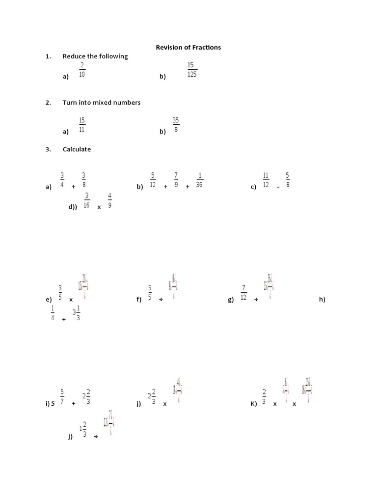 Reduce The Following A) B) : Revision of Fractions | PDF | Food And ...