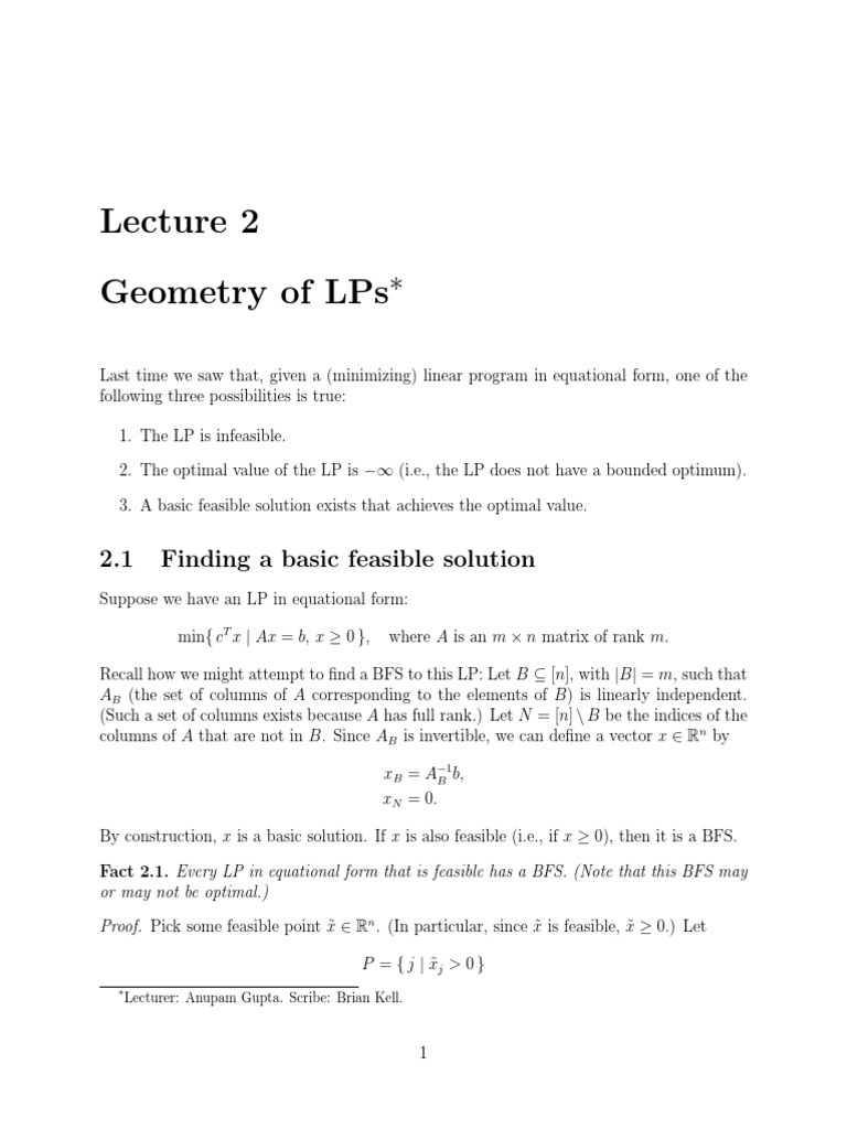 Geometry of LPS: 2.1 Finding A Basic Feasible Solution | PDF | Linear Subspace | Algebra