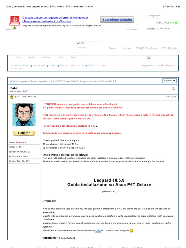 (Guida) Leopard & Snow Leopard Su ASUS P6T Deluxe V1&V2 | PDF
