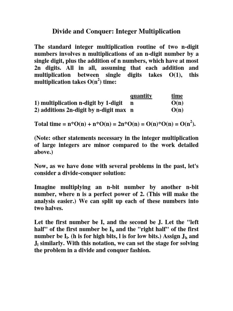 Divide and Conquer: Integer Multiplication | PDF | Multiplication | Time Complexity