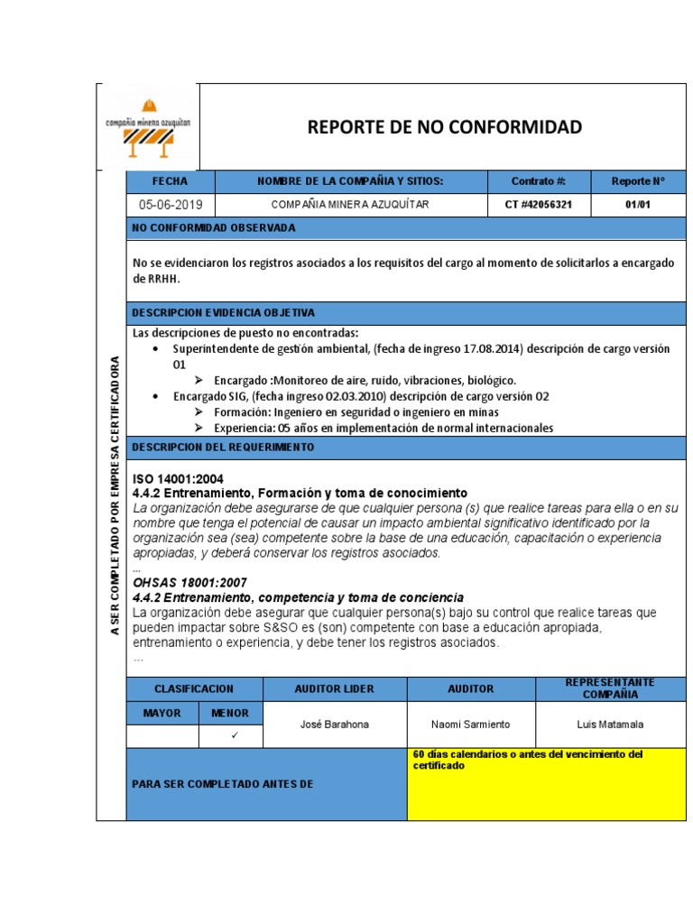 Informe De No Conformidad 2019 Pdf Business Science 5588