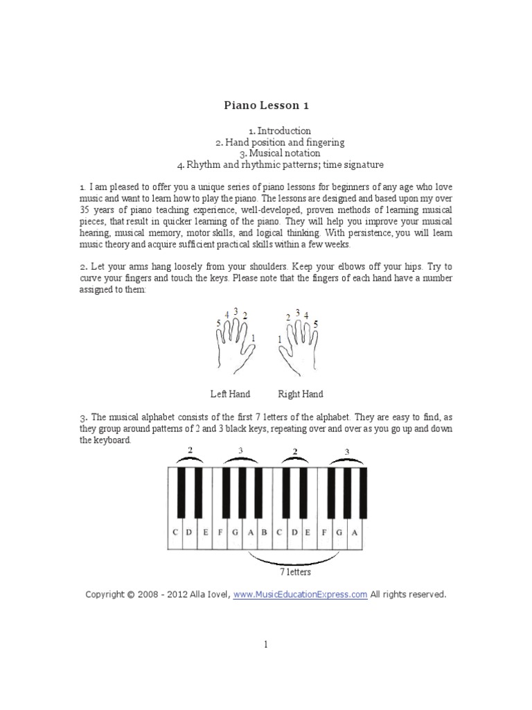 Piano Lesson 1: All Rights Reserved | PDF | Clef | Piano