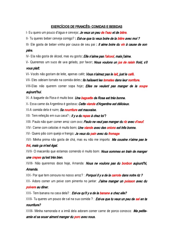 Exercícios de Francês | PDF | Alimentos | Culinária