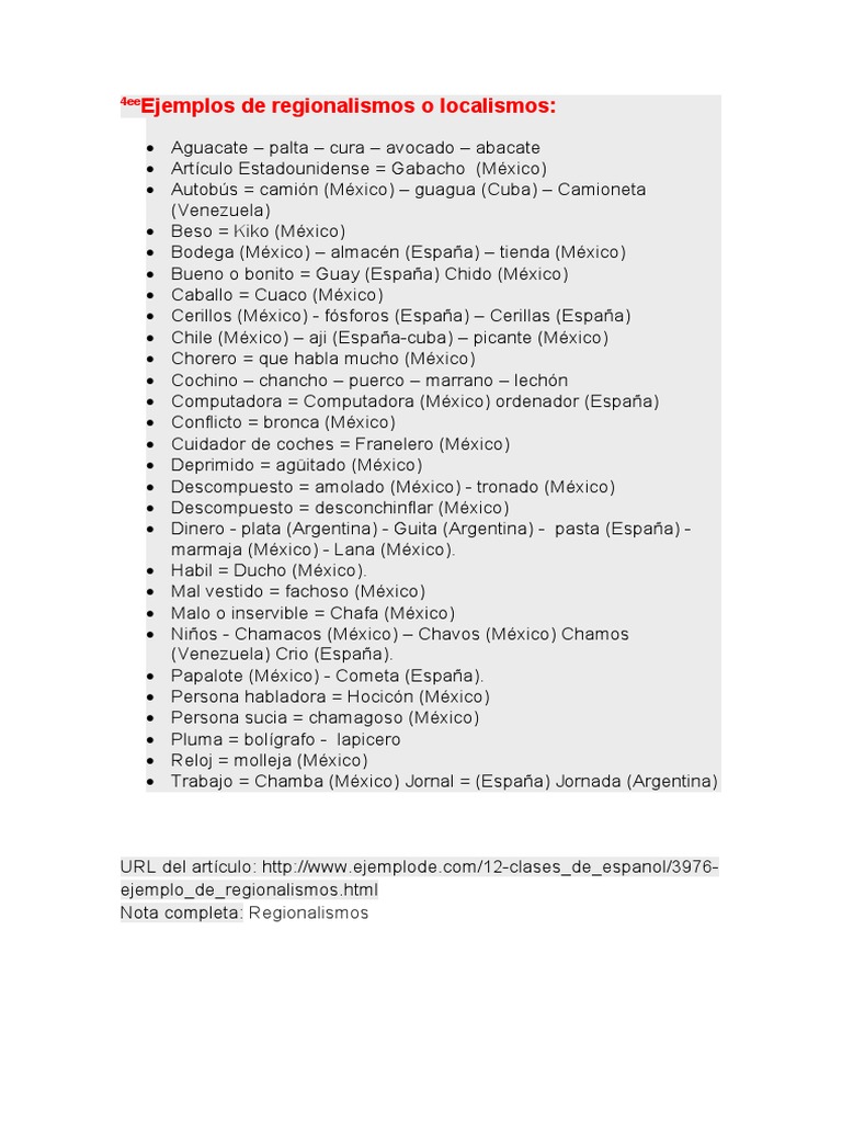Ejemplos de Regionalismos o Localismos | PDF