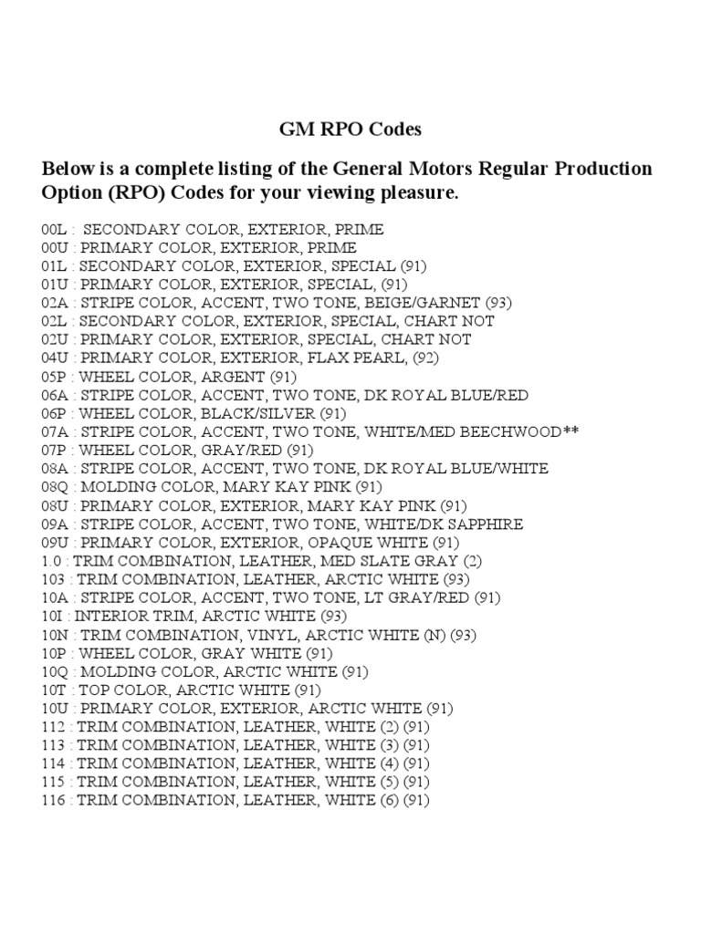 GM RPO Codes Overview | PDF | Grey | Black
