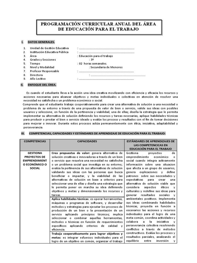 Programación Curricular: Educación para el Trabajo | PDF | Iniciativa ...