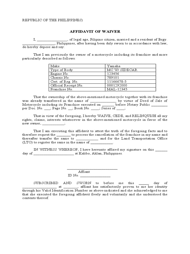 Affidavit of WAIVER - FRANCHISE OF MOTOR VEHICLE | PDF