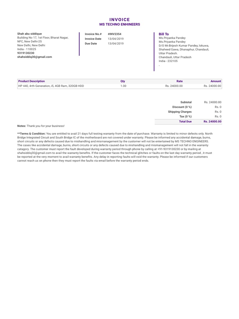 Invoice for HP Laptop from MS Techno Engineers | PDF | Business