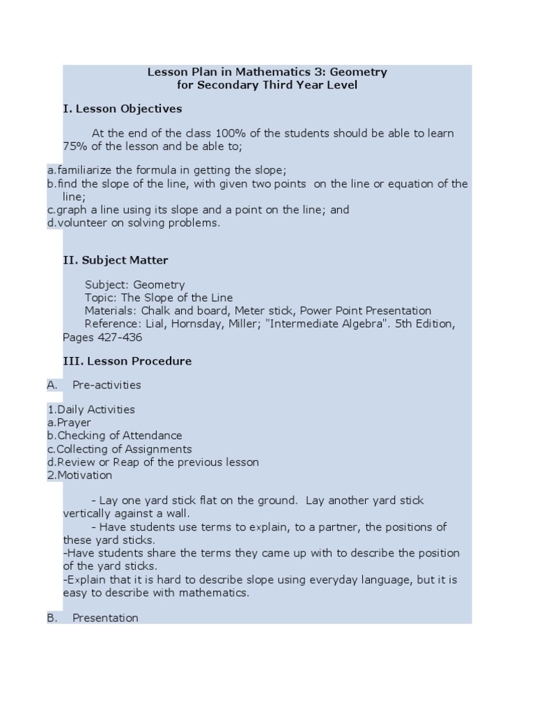Lesson Plan in Mathematics 3: Geometry For Secondary Third Year Level I ...