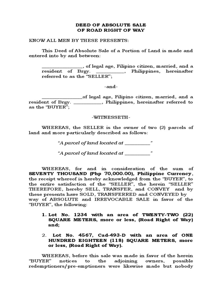 Deed of Absolute Sale of Road Right of Way | PDF | Deed | Land Law