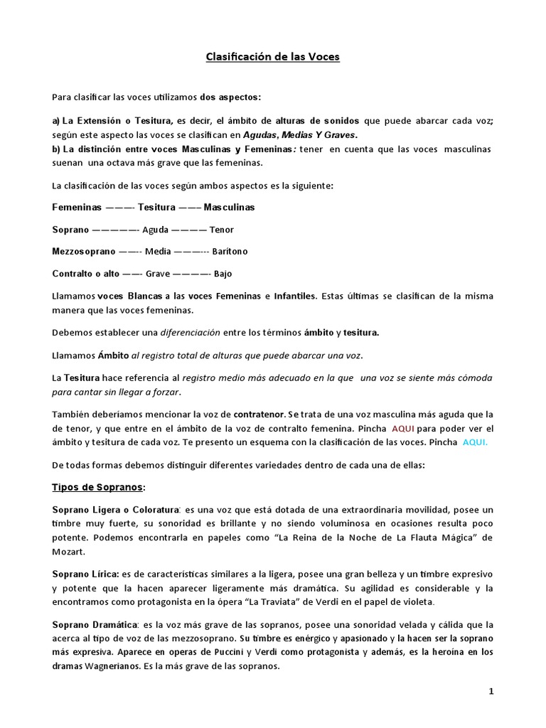 Clasificación de Las Voces - Masculina - Femenina - Timbre | PDF ...