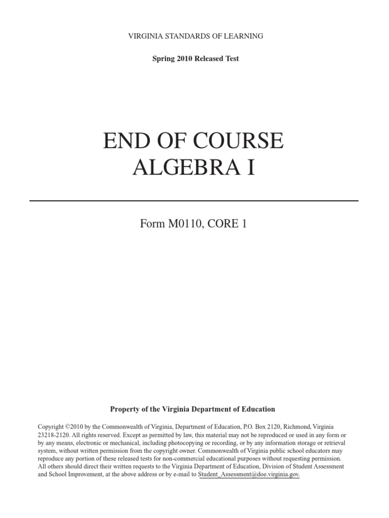 End of Course Algebra I: Form M0110, CORE 1 | PDF