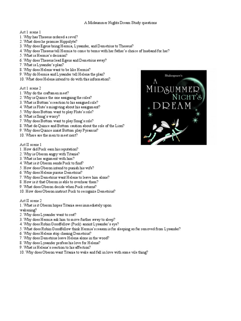 A Midsummer Nights Dream Study Questions | PDF | A Midsummer Night's ...