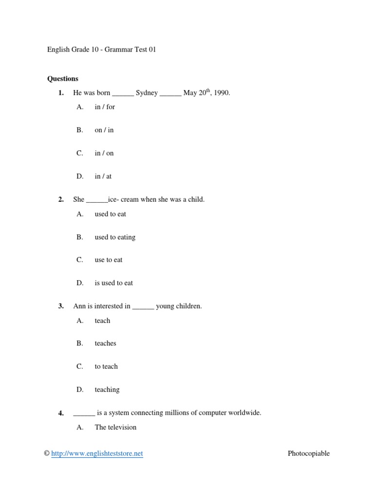 English Grade 10 - Grammar Test 01 | PDF