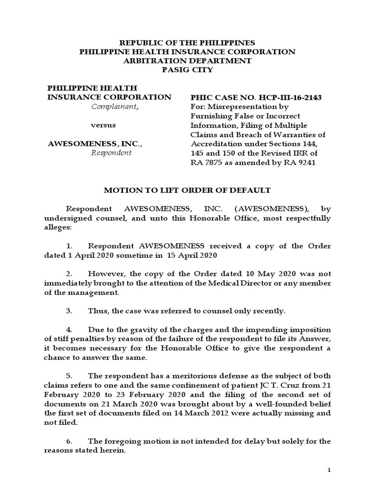 Motion to Lift Default Order in PHIC Case | PDF | Social Institutions ...