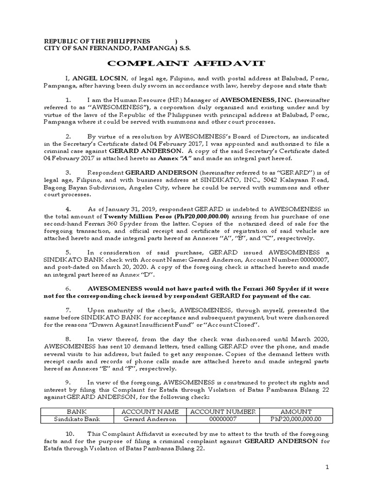 FORM 28 - Complaint Affidavit - Violation of BP 22 | PDF | Affidavit ...