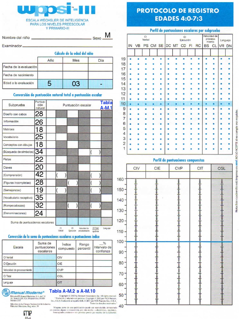 Protocolo WPPSI-IV y Fichas Técnicas | PDF