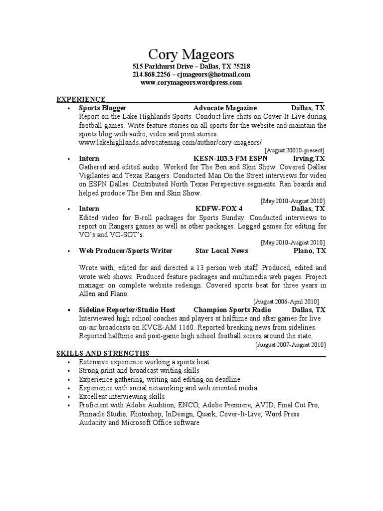 Resume - Cory Mageors | PDF | Dallas | Blog