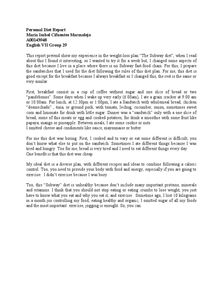 Personal Diet Report Maria Isabel Cifuentes Marmolejo A00143948 English ...