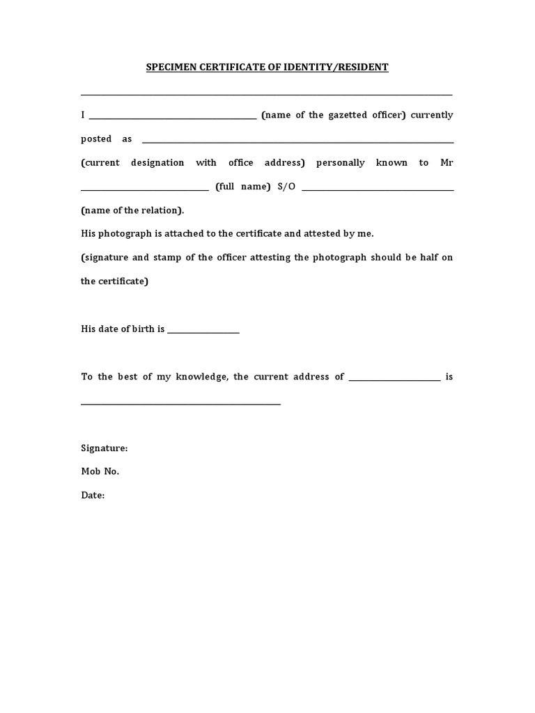 Specimen Certificate of Identity | PDF