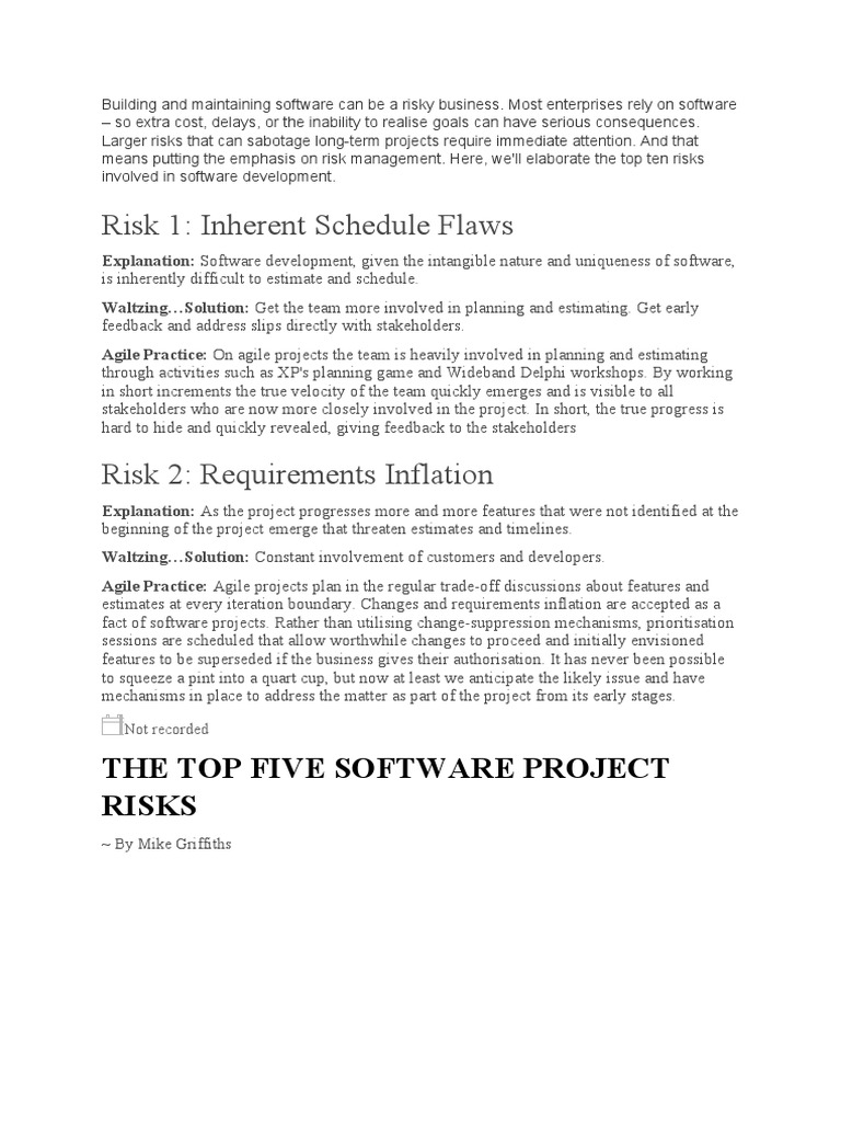 Risk 1: Inherent Schedule Flaws: The Top Five Software Project Risks ...