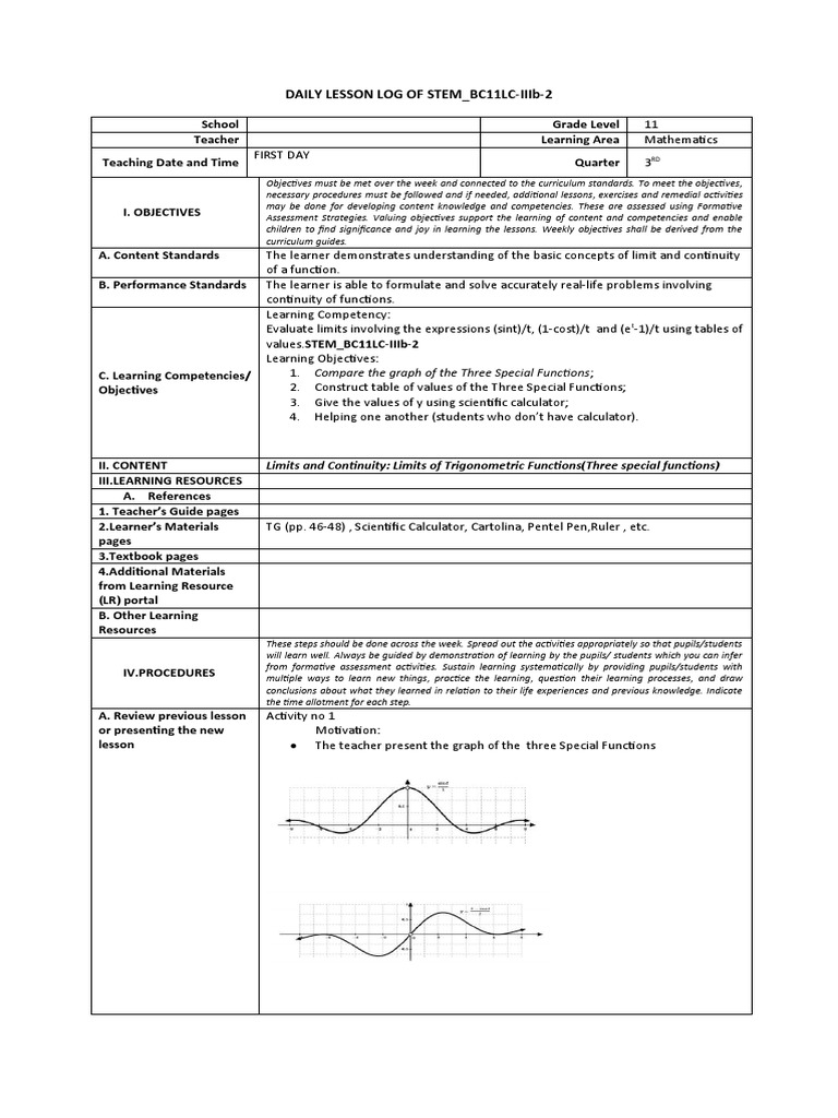 Daily Lesson Log of Stem - Bc11Lc-Iiib-2: Compare The Graph of The Three Special Functions | PDF ...