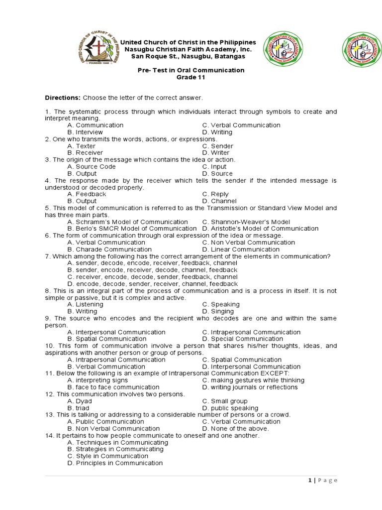 Pre-Test Oral Comm | PDF | Speech | Communication