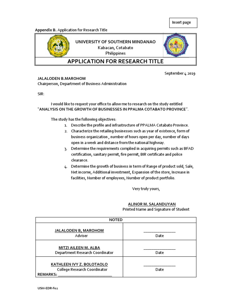 Edr-F02-Application For Research Title | PDF | Business | Economies