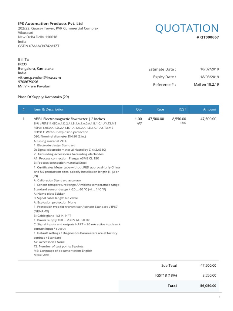 Quotation: Bill To | PDF | Equipment | Electricity