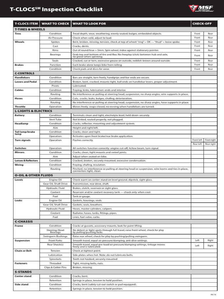 T-CLOCS Motorcycle Inspection Guide | PDF | Manufactured Goods | Vehicles