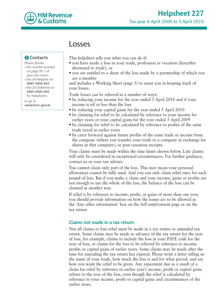 2009-10 Tax Loss Relief Guide | PDF | Capital Gains Tax | Tax Deduction