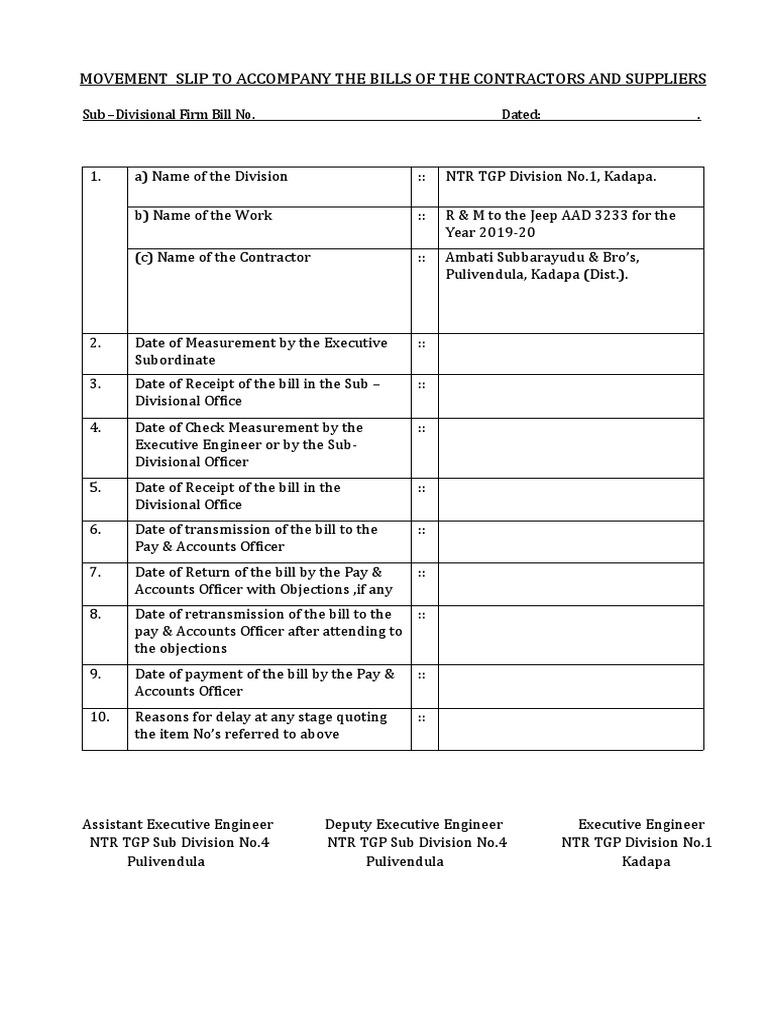Movement Slip To Accompany The Bills of The Contractors and Suppliers ...