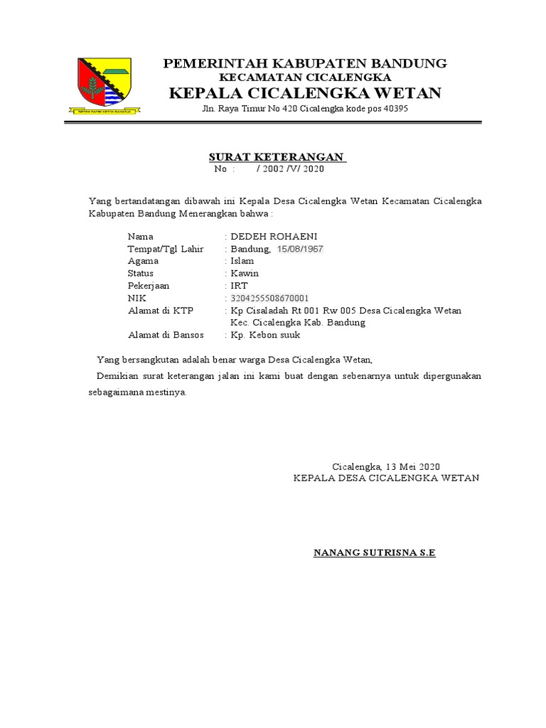 Surat Keterangan Warga Cicalengka | PDF